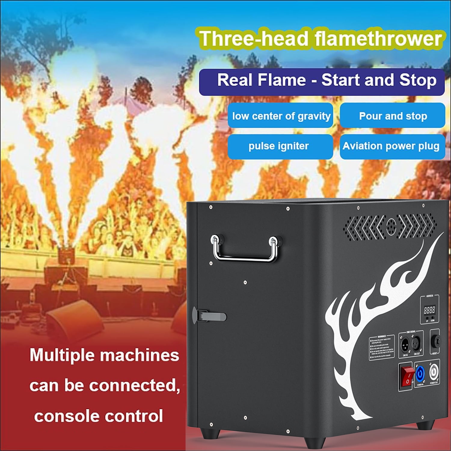 300W 3 Heads Fire Flame Stage Effect Machine DMX Control Fire Flame ...