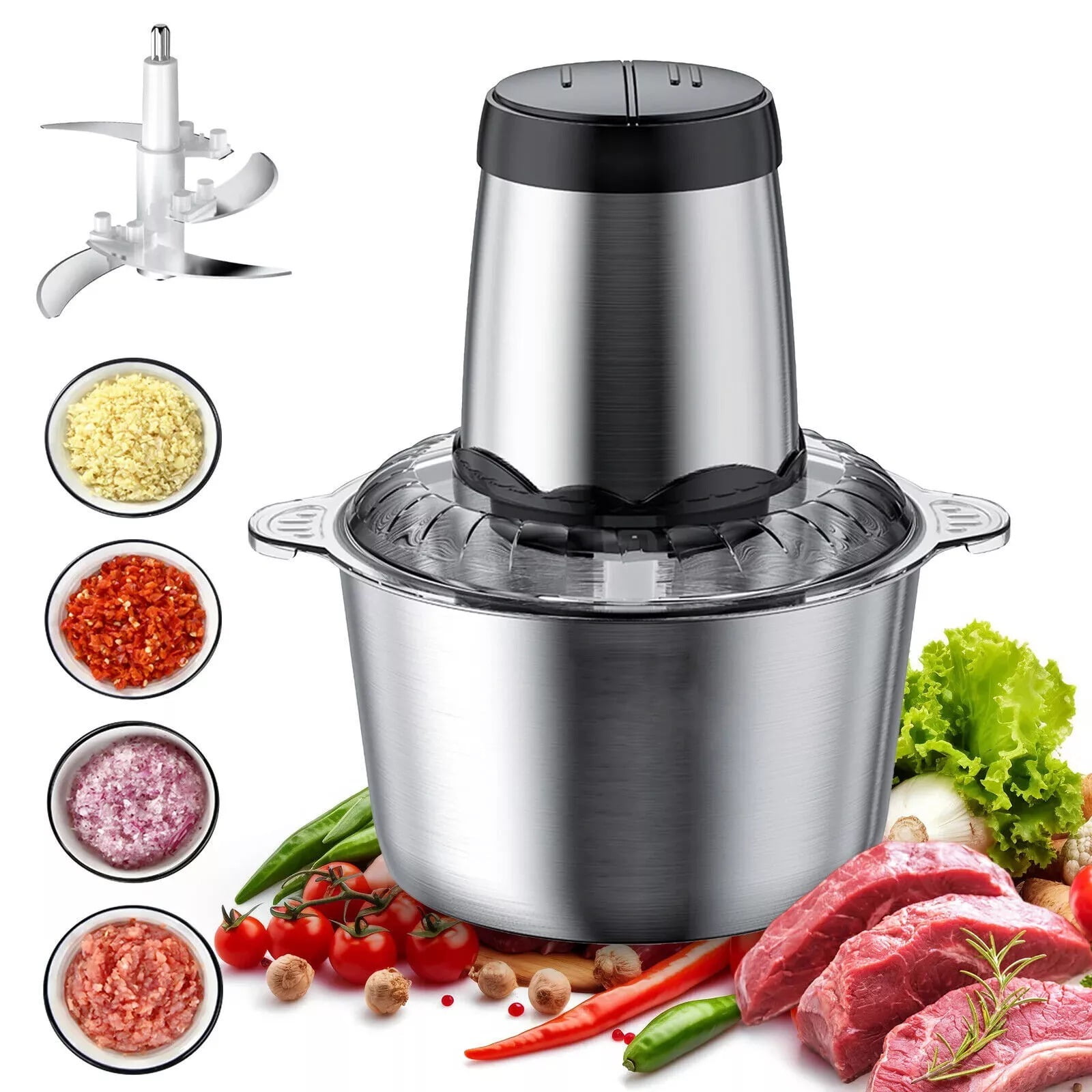 300W Electric Food Chopper & Meat Grinder with 2L Stainless Steel Bowl, Multi-Functional Food ...