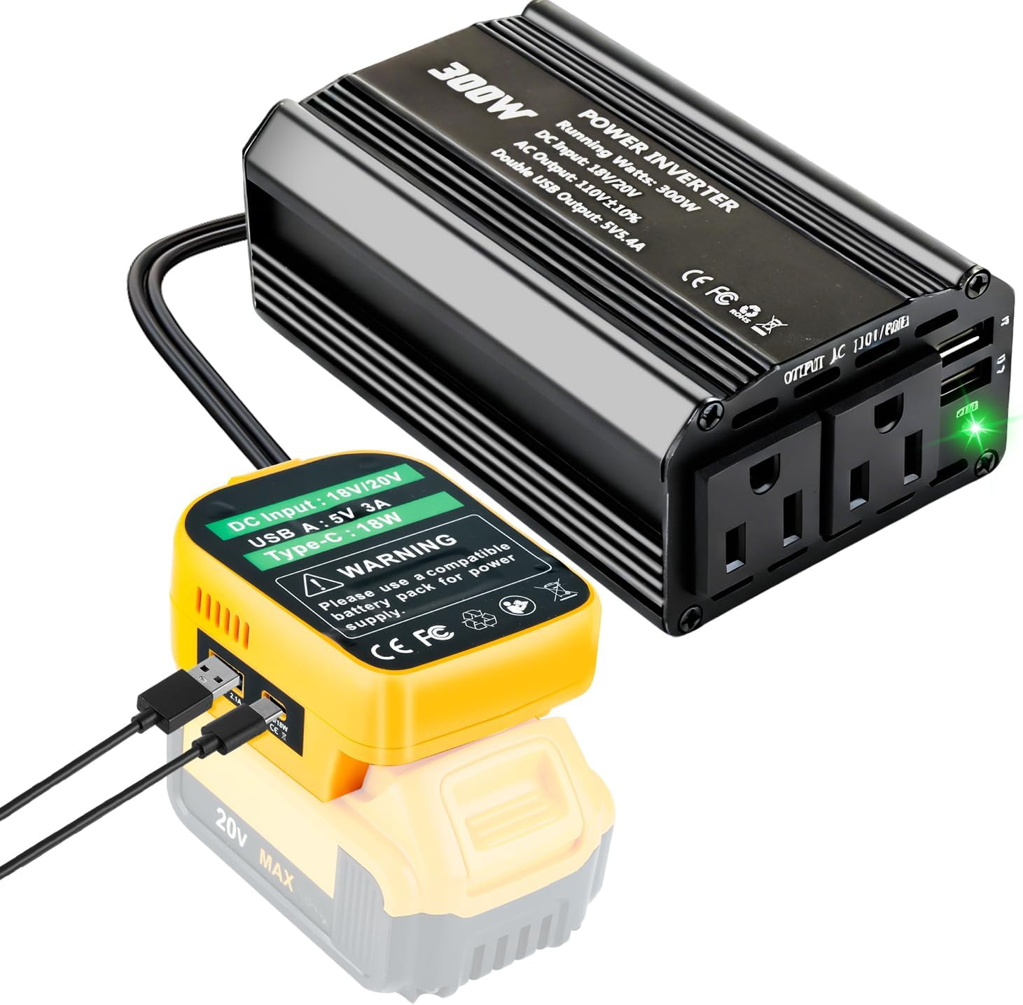 300W Power Inverter Compatible with De*walt, DC 20V to AC 110-120V ...