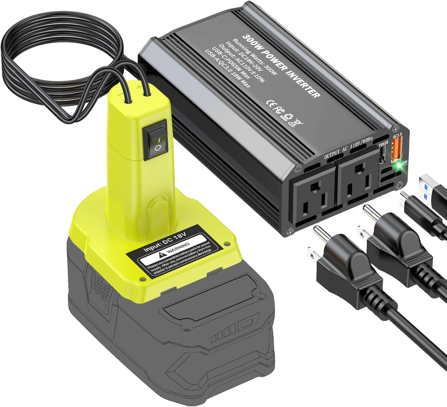300W Power Inverter Compatible with Ryobi 18V Battery, DC 18V to AC ...