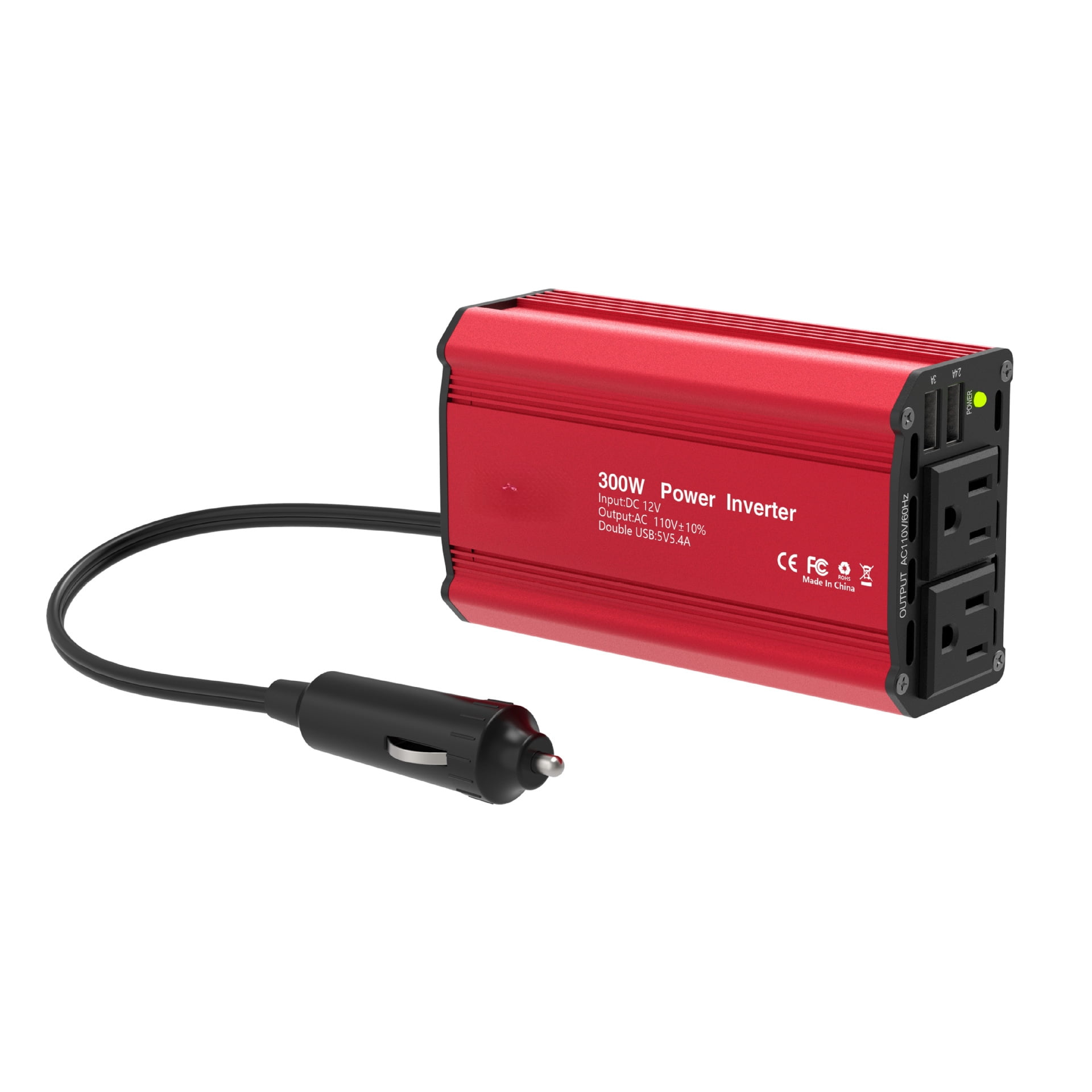 300W Power Inverter, DC 12V to 110V AC Car Plug Adapter Outlet ...