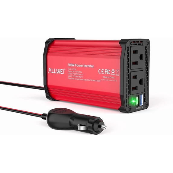 300W Power Inverter DC 12V to 110V AC, Compact Car Plug Adapter Outlet ...