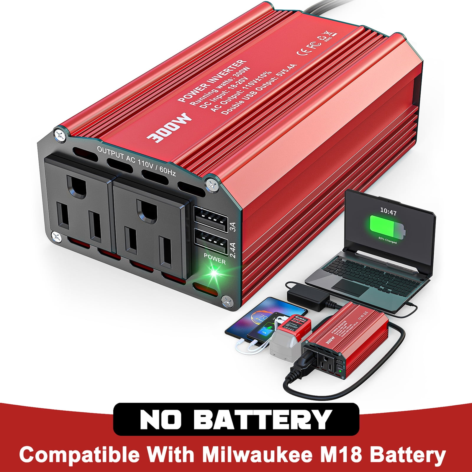 300W Power Inverter DC 18V to AC 110V Compatible with Milwaukee ...