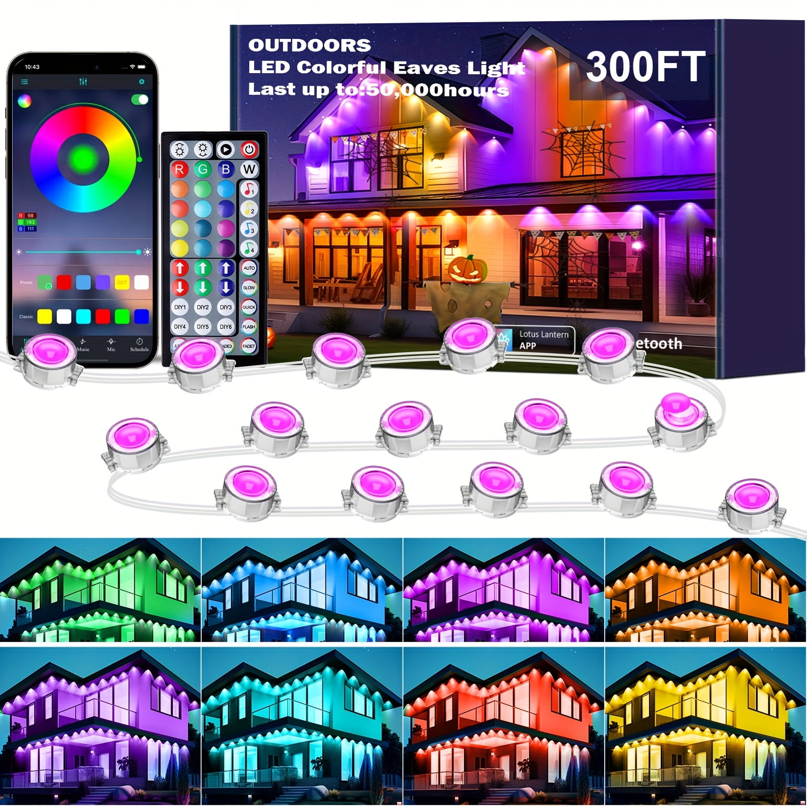 300ft RGB Eave Light, Permanent Outdoor Lights with 60 LED Eaves Lights ...