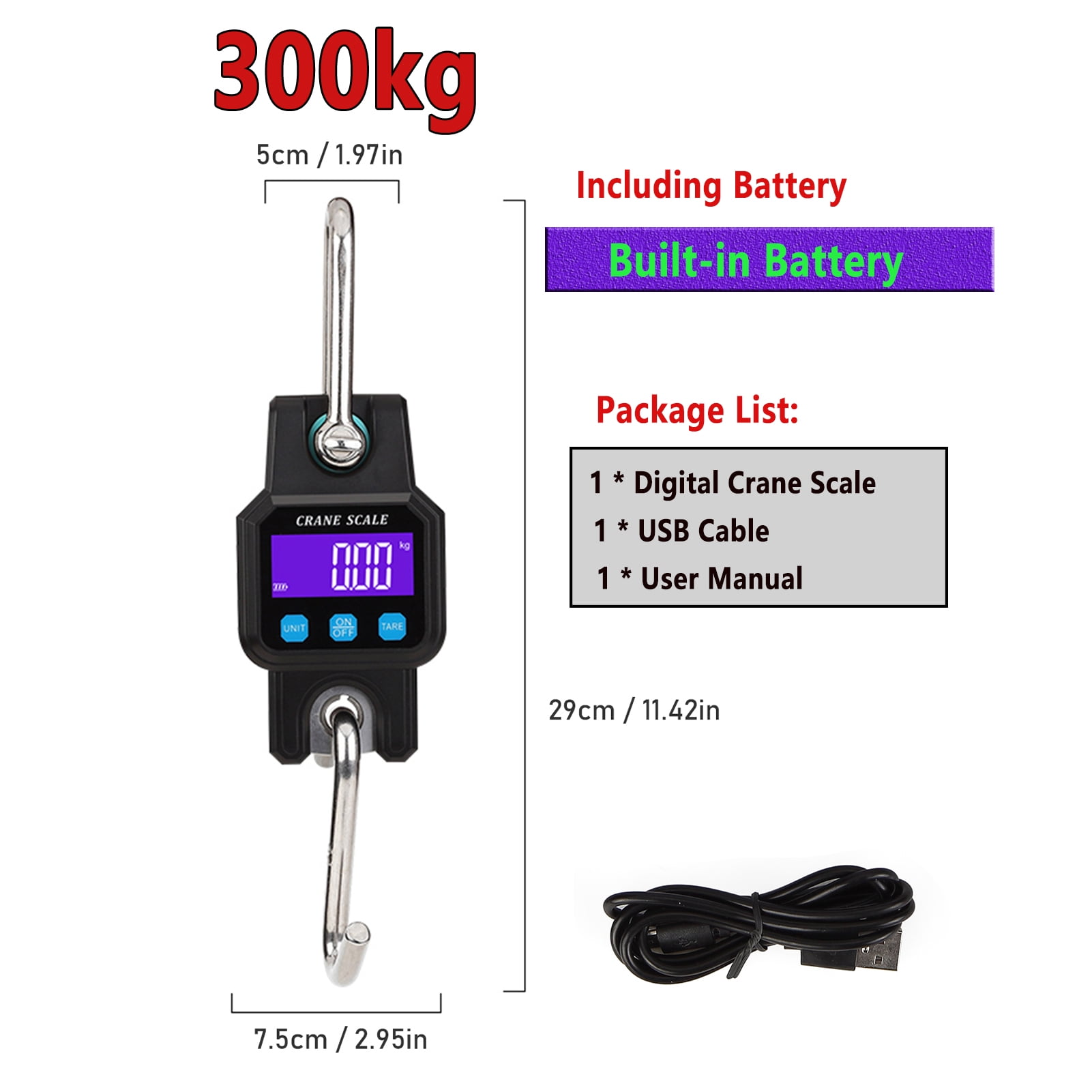 300kg/150kg/100KG Digital Hanging Scale Heavy Duty Crane Scale Stainless Steel Hook Scale LCD ...
