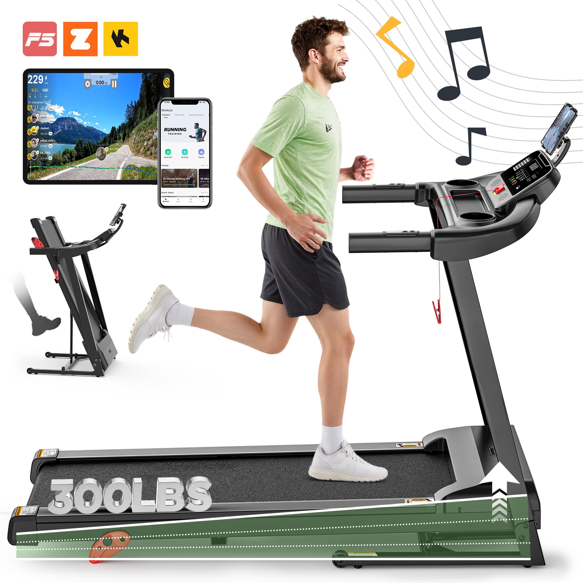 300lbs Capacity Foldable Treadmill for Home, 3.0HP Incline Treadmill ...