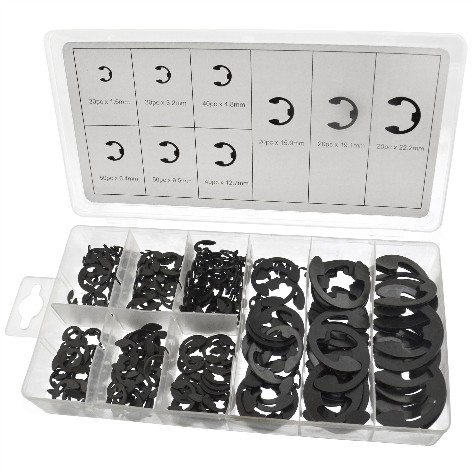 300pc E-Clip Assortment Retaining Snap Ring Circlip Kit 1.6 - 22.2mm E ...
