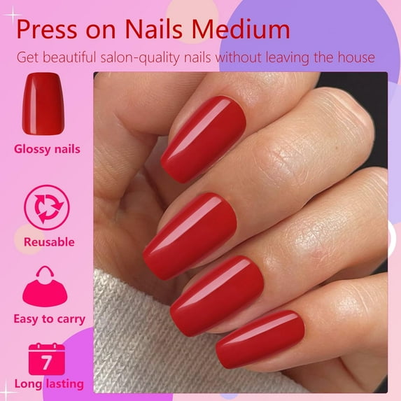 300pcs Coffin Press on Nails Medium Fake Nails Red Nails Glossy ...