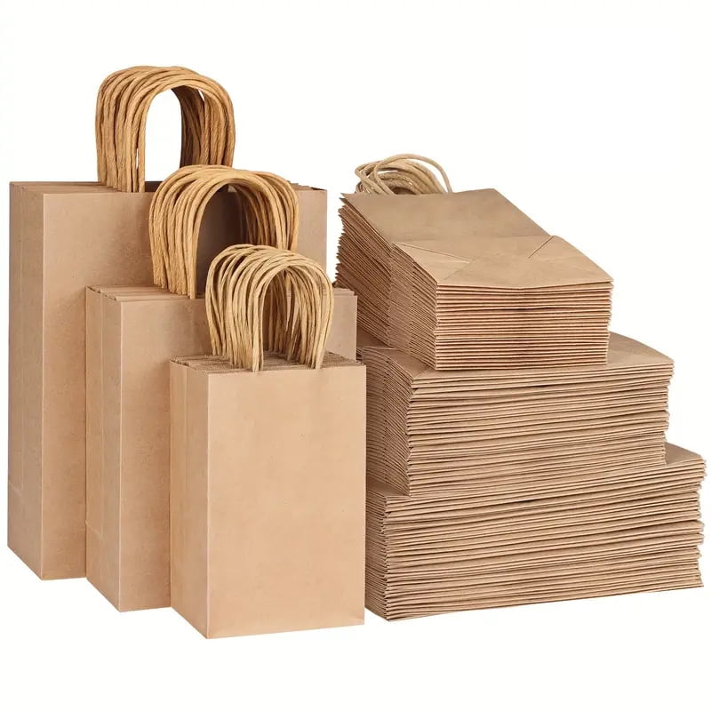 300pcs Kraft Paper Bags with Handles - 3 Assorted Sizes (8/10/13 Inches ...