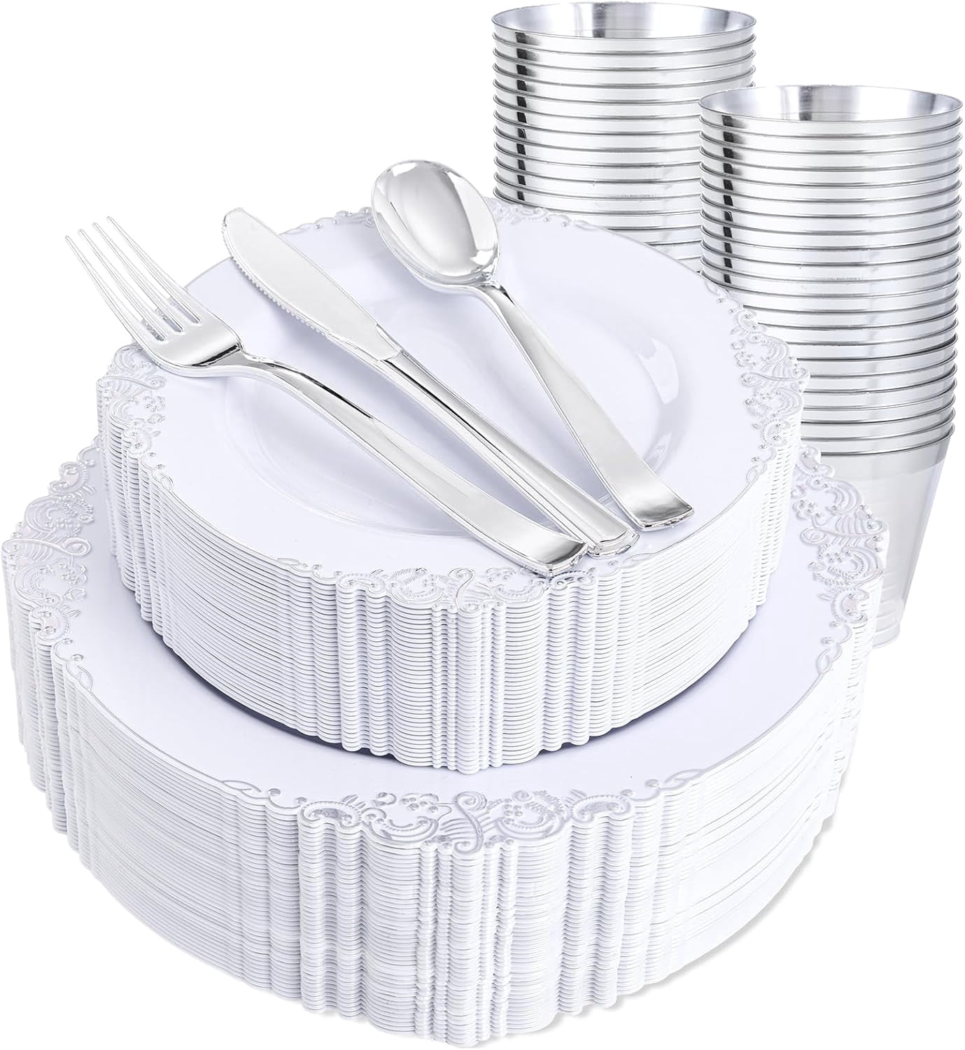 300pcs Silver Plastic Plates & White with Silver Disposable Plates ...