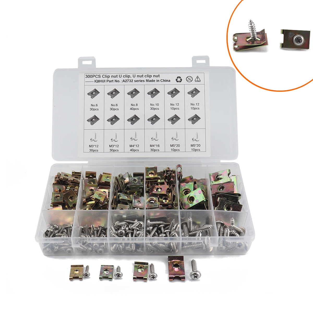 300pcs U Nut Clips,Clip Nut and Screw Assortment Kit 4 Sizes Auto Car ...