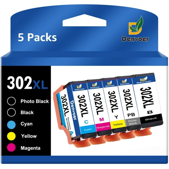 Denvoer 302XL Ink Cartridge, Compatible for Epson XP-6000 XP-6100, 5-Pack, Black, Photo Black ...