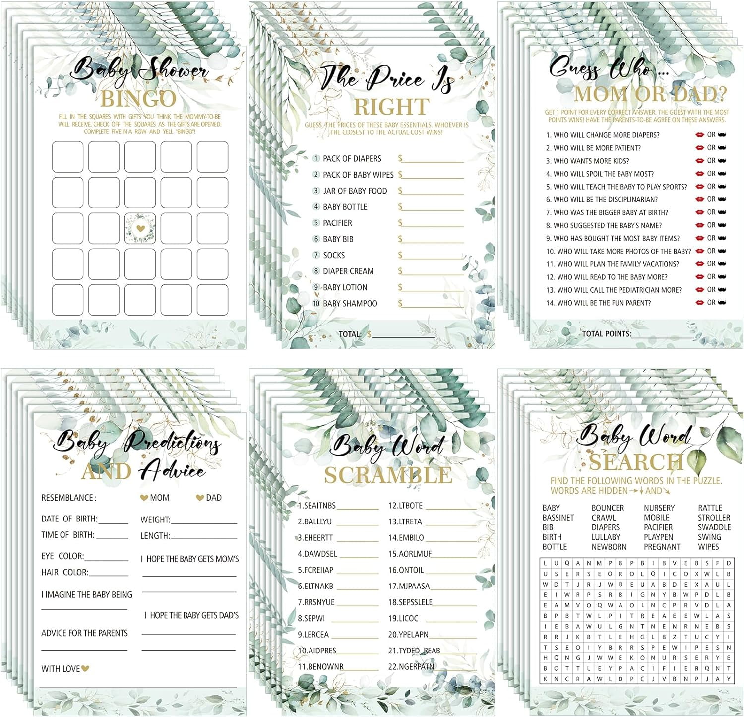 302 Pcs Greenery Eucalyptus Baby Shower Games 6 Games Activities for 50 ...