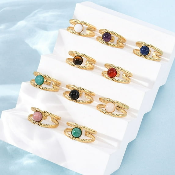 304 Stainless Steel Adjustable Open Cuff Rings Natural Gemstone Rings ...