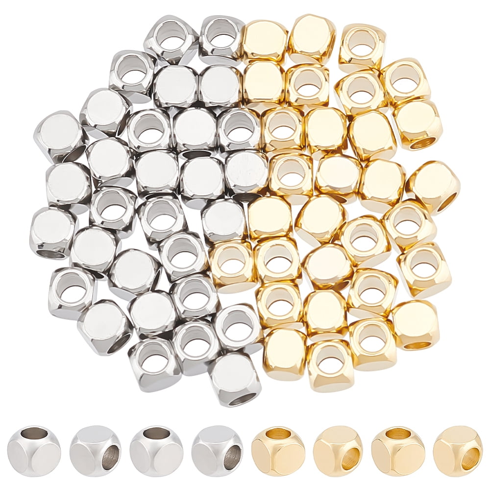 304 Stainless Steel Beads Square Golden & Stainless Steel Color 4x4x2 ...