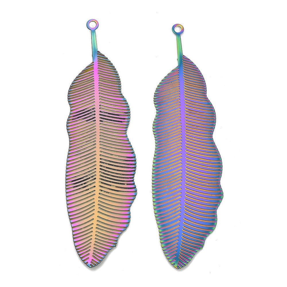 304 Stainless Steel Big Pendants Etched Metal Embellishments Feather ...