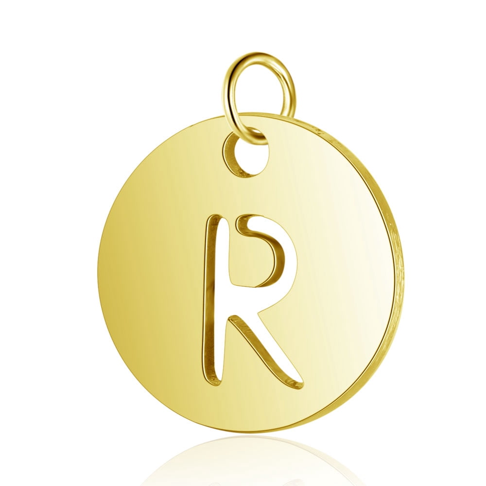 304 Stainless Steel Charms Flat Round with Letter Golden Letter.R ...