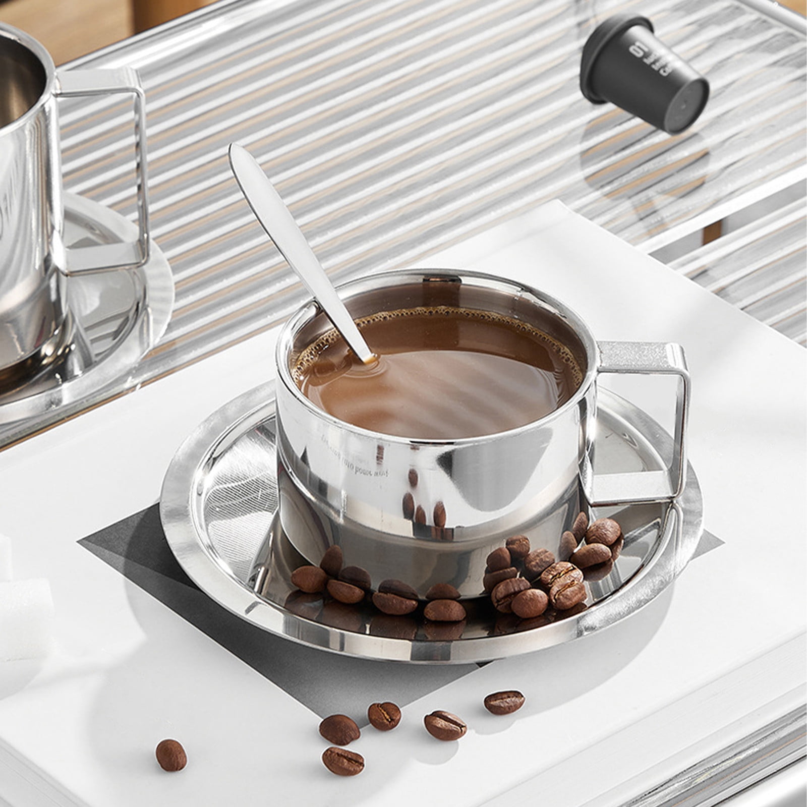 304 Stainless Steel Coffee Cup Set with Spoon, Double-Wall Insulated ...