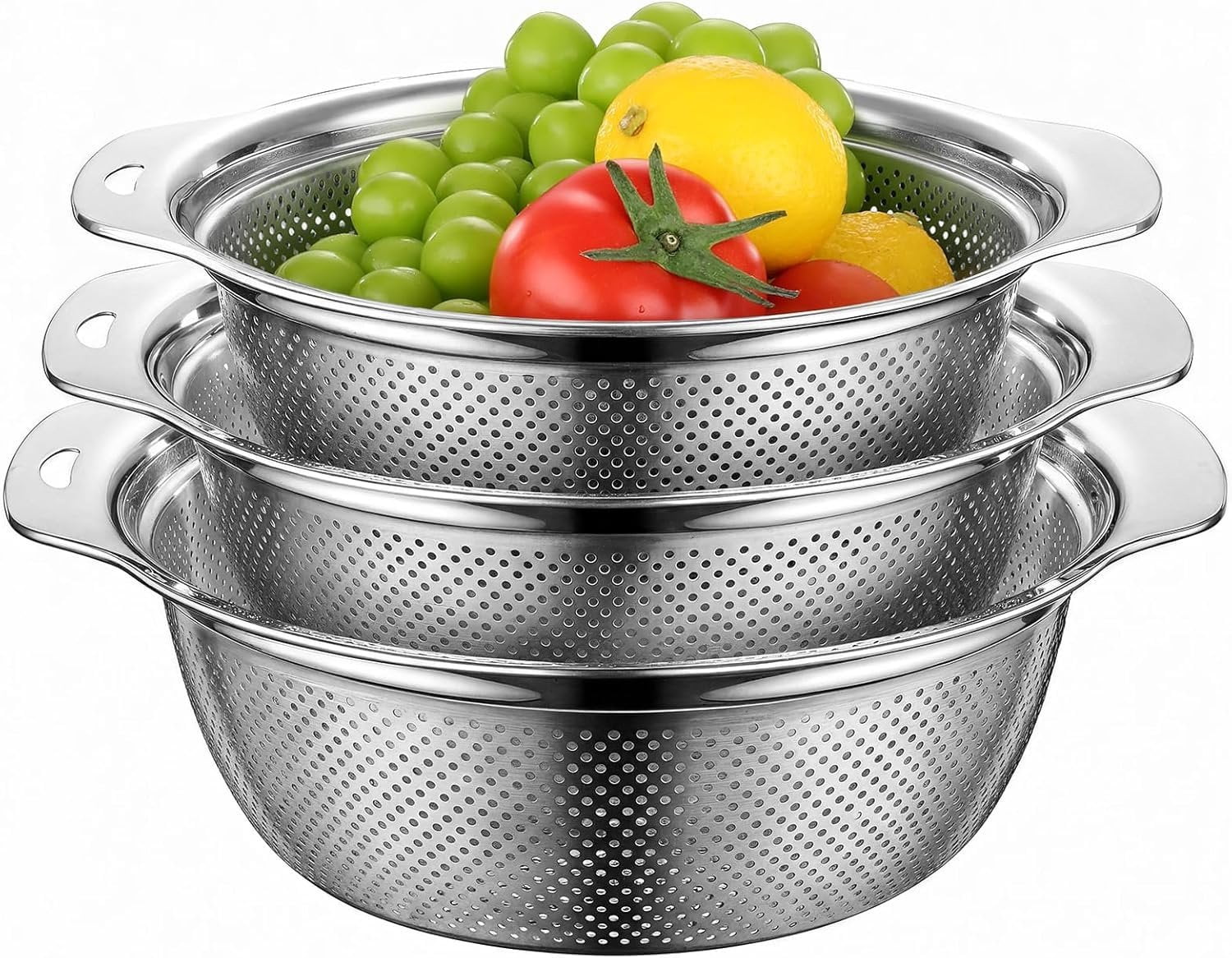 304 Stainless Steel Colander Set, 3 Pack Kitchen Strainer with Handles ...
