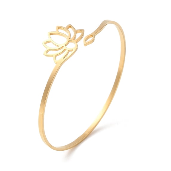 304 Stainless Steel Cuff Bangle Hollow Lotus Flower Golden Inner ...