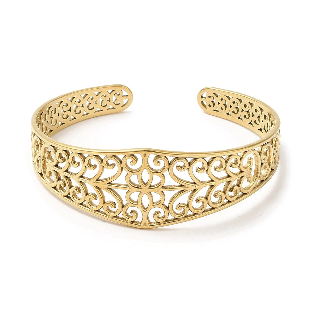 304 Stainless Steel Cuff Bangles Hollow Flower Open Bangles for Women ...