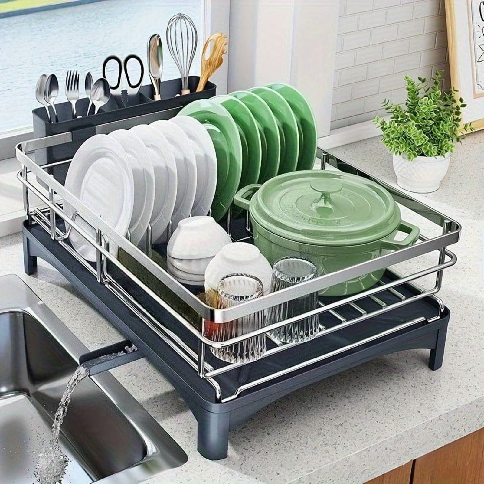 304 Stainless Steel Dish Rack with Drainage Board & Utensil Holder ...