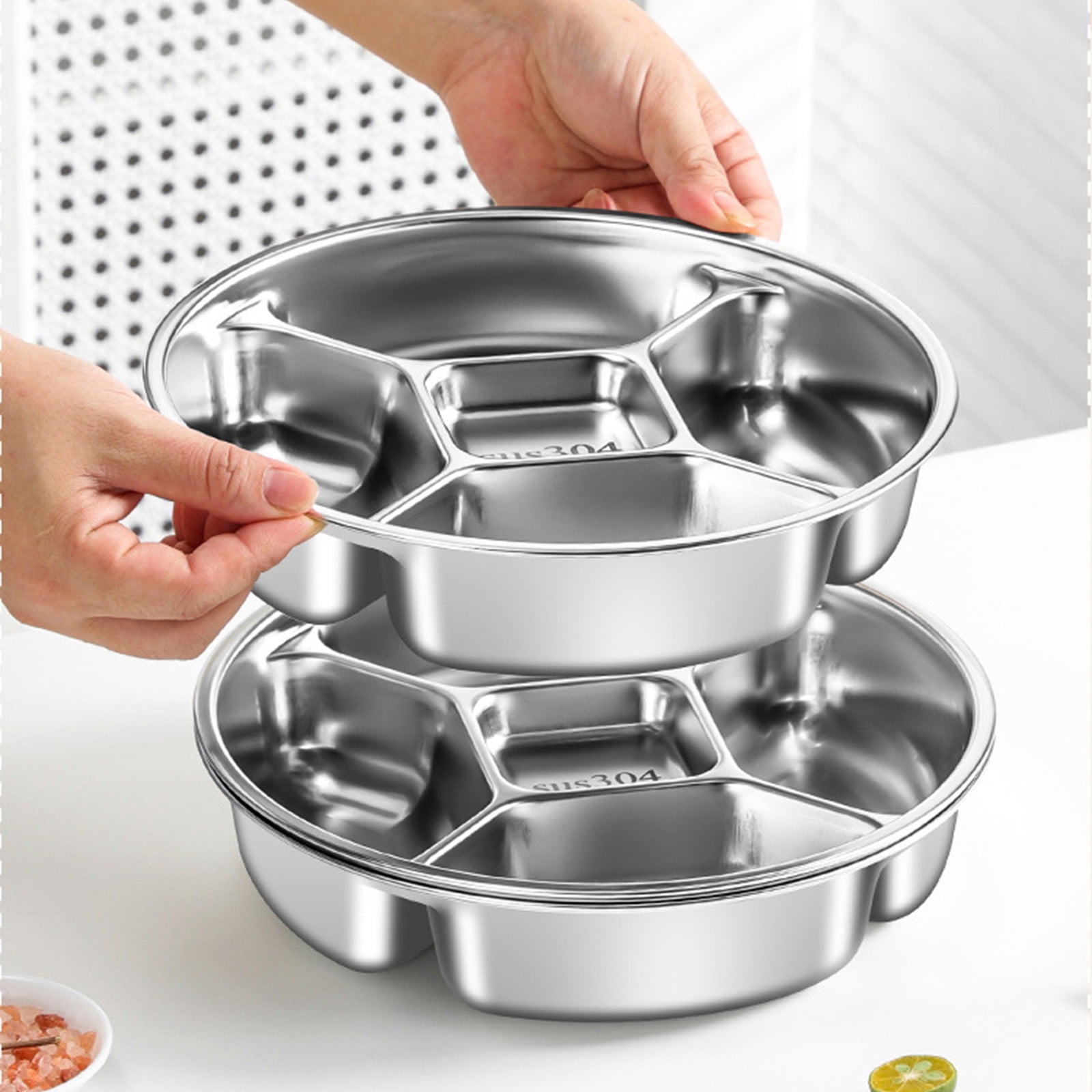 304 Stainless Steel Divided 5-Compartment Round Serving Tray Meal Prep ...