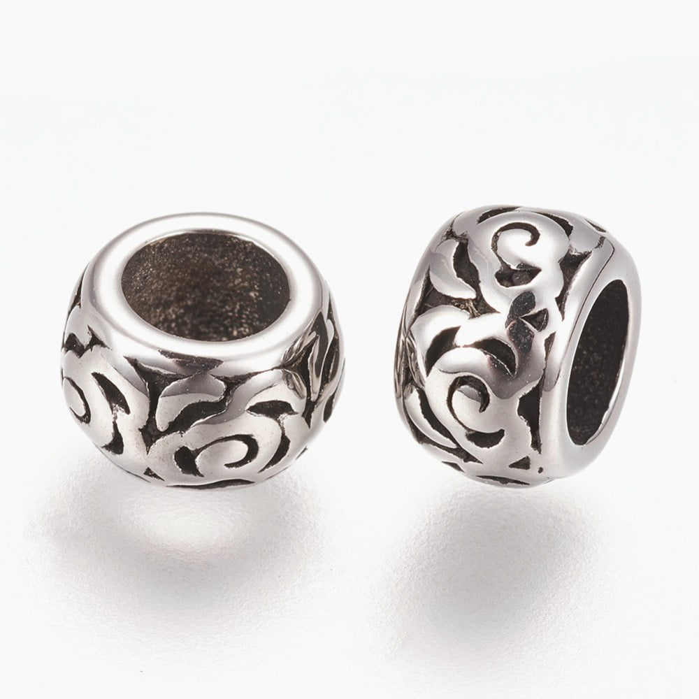 304 Stainless Steel European Beads Large Hole Beads Flat Round Silver ...