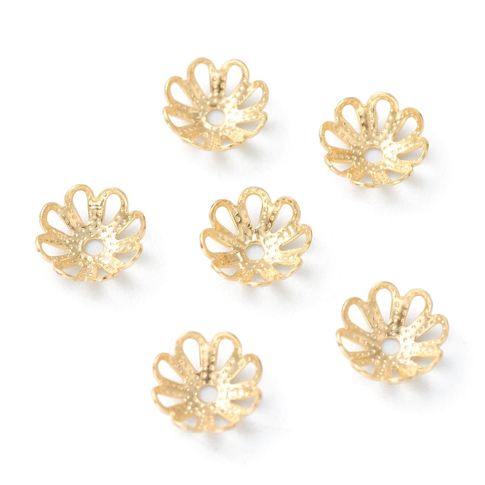 304 Stainless Steel Fancy Bead Caps Hollow Multi-Petal Flower Golden ...