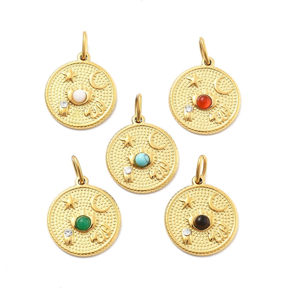 304 Stainless Steel Gemstone Pendants with Jump Ring Flat Round Charms ...