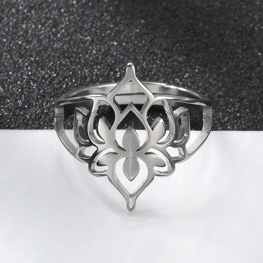 304 Stainless Steel Hollow Out Flower Adjustable Ring Wide Band Ring ...