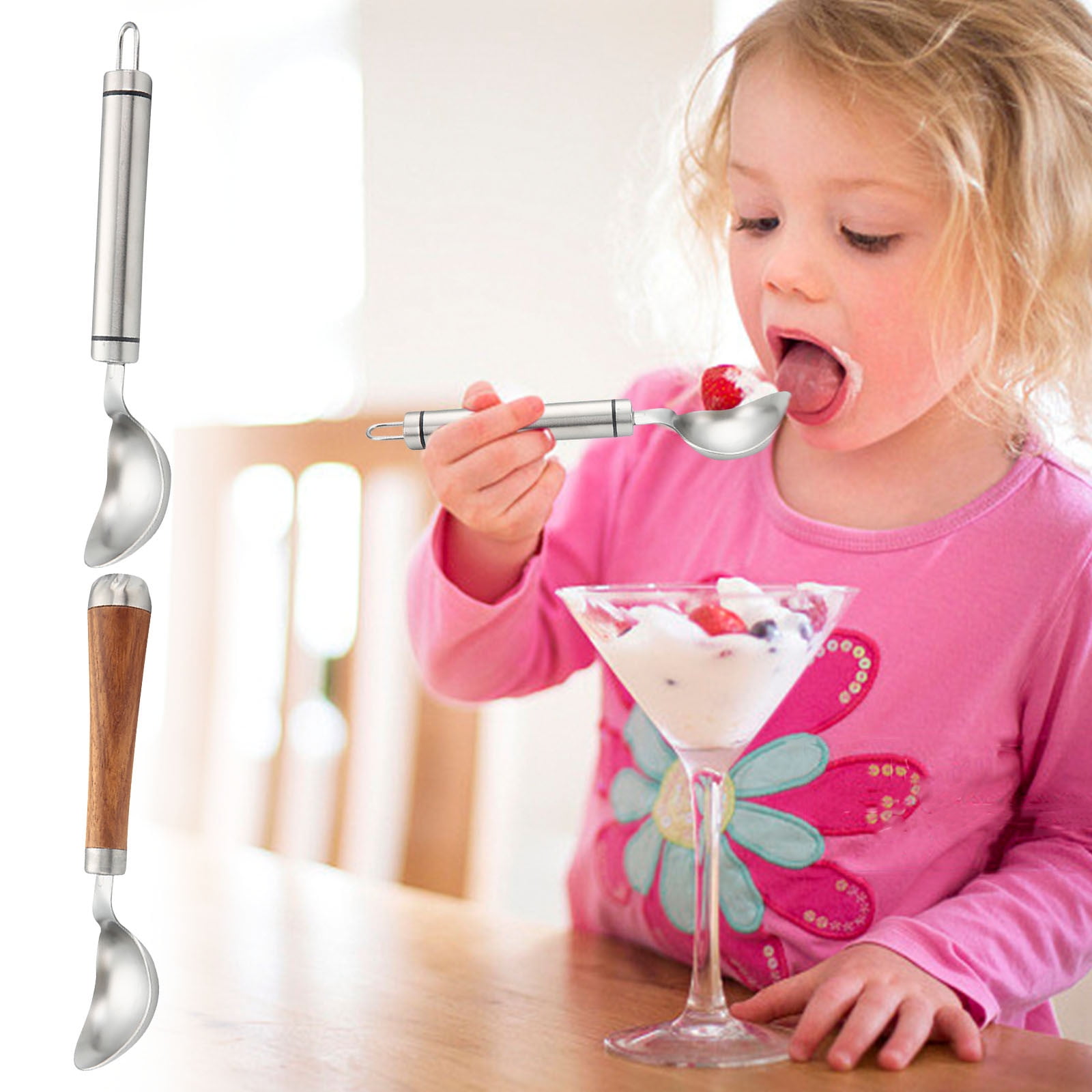 304 Stainless Steel Ice Cream Spoon,Wooden Handle,Durable,Easy Clean ...
