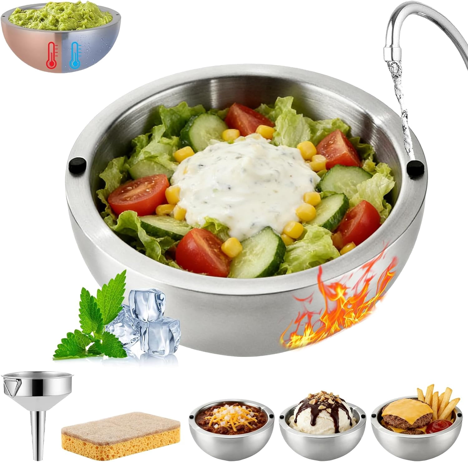 304 Stainless Steel Insulated Salad & Dipping Bowl, 35/70 Oz Cooling ...