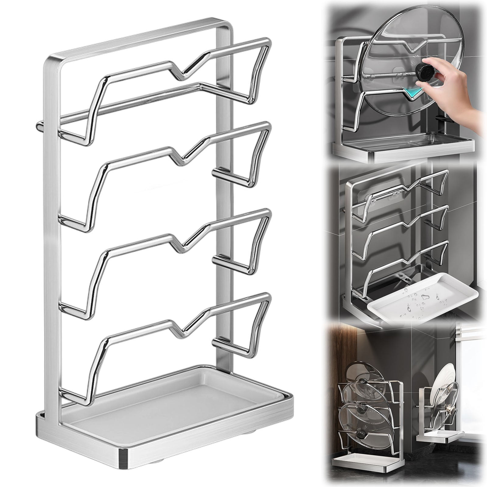 304 Stainless Steel Kitchen Pot Lid Holder, 4-Layer Pot Lid with Drip ...