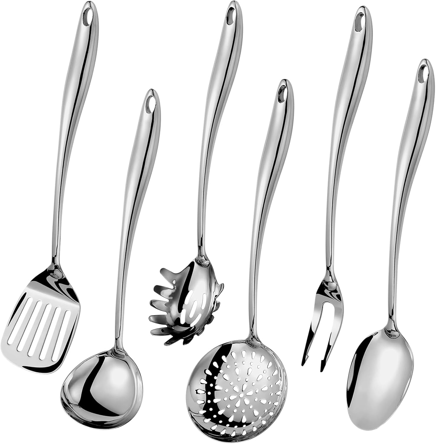 304 Stainless Steel Kitchen Utensils Set, 6 Pcs Long Metal Cooking ...
