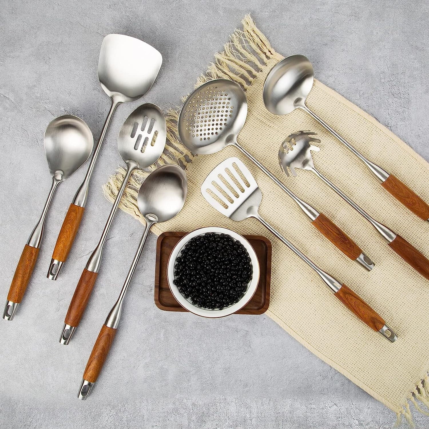 304 Stainless Steel Kitchen Utensils Set With Wood Handle 8 Pcs Metal
