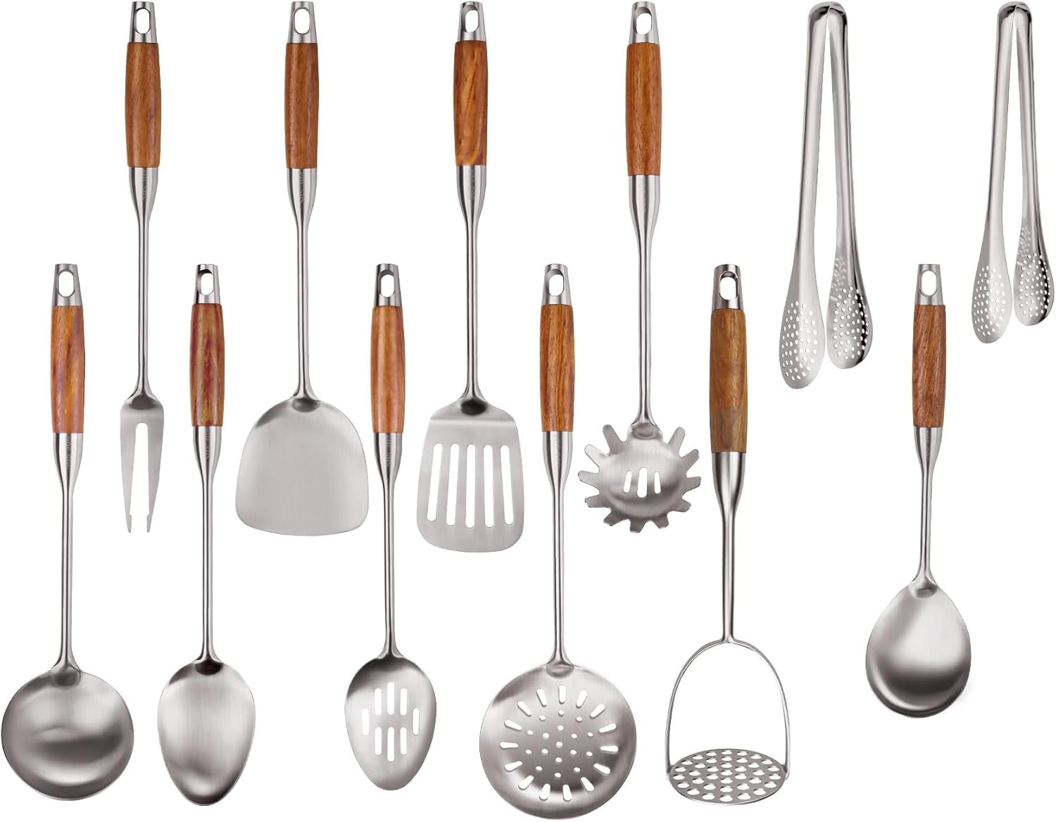 304 Stainless Steel Kitchen Utensils Set with Wooden Handle,12 Pcs Long ...
