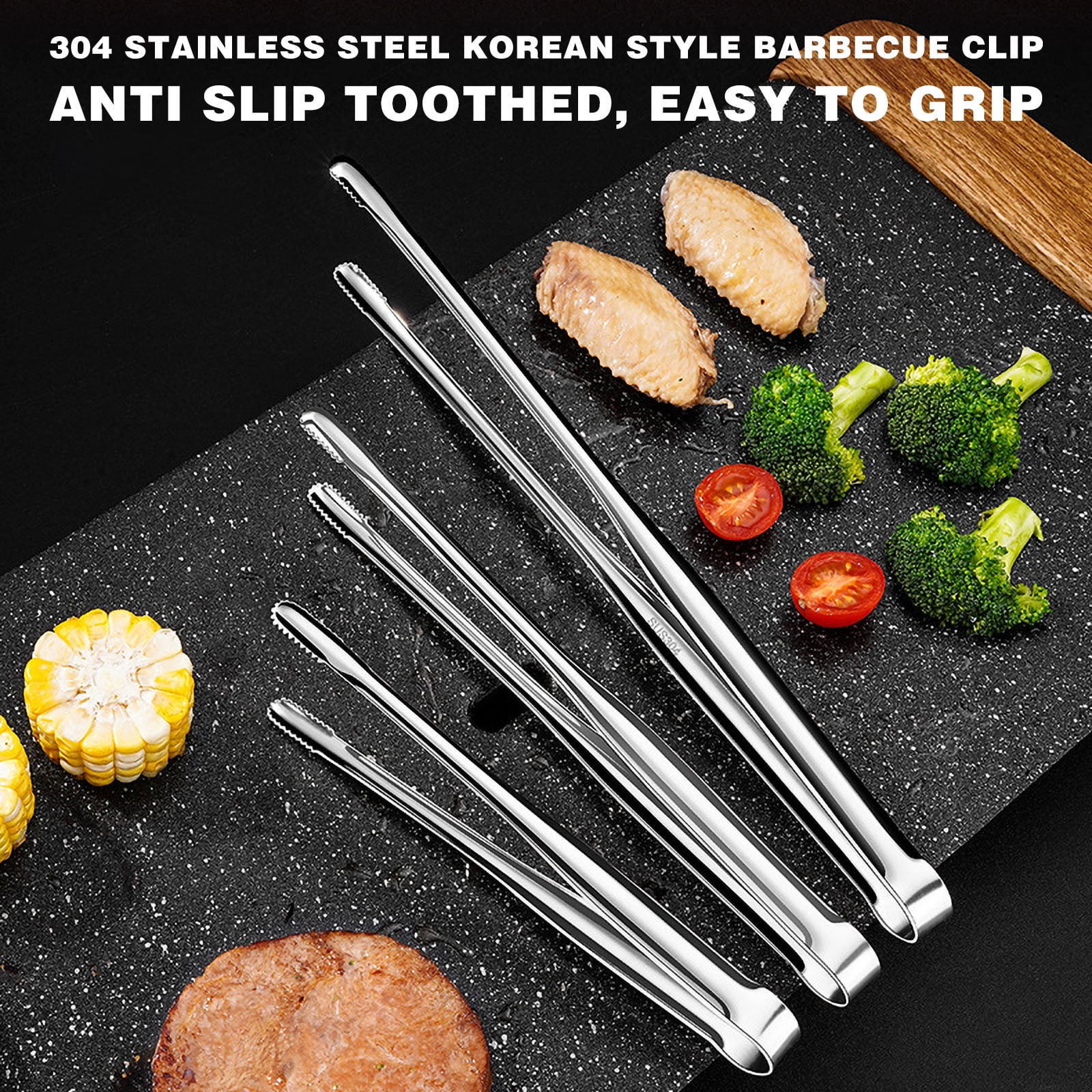 304 Stainless Steel Korean BBQ Tongs, Outdoor Barbecue Meat and Steak ...