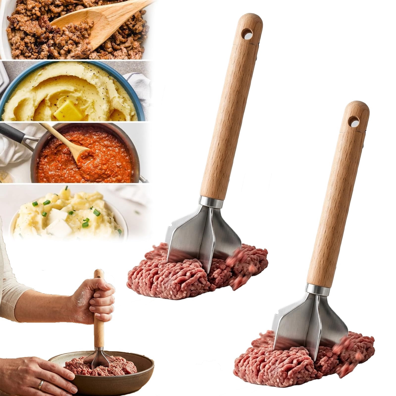 304 Stainless Steel Meat Masher and Chopper with Wooden Handle - 6 ...