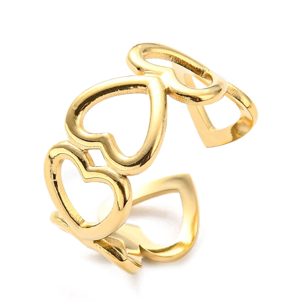 304 Stainless Steel Open Cuff Ring for Women Hollow Heart Real 14K Gold ...