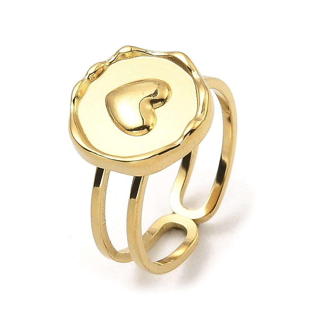 304 Stainless Steel Open Cuff Rings Flat Round with Heart Real 18K Gold ...