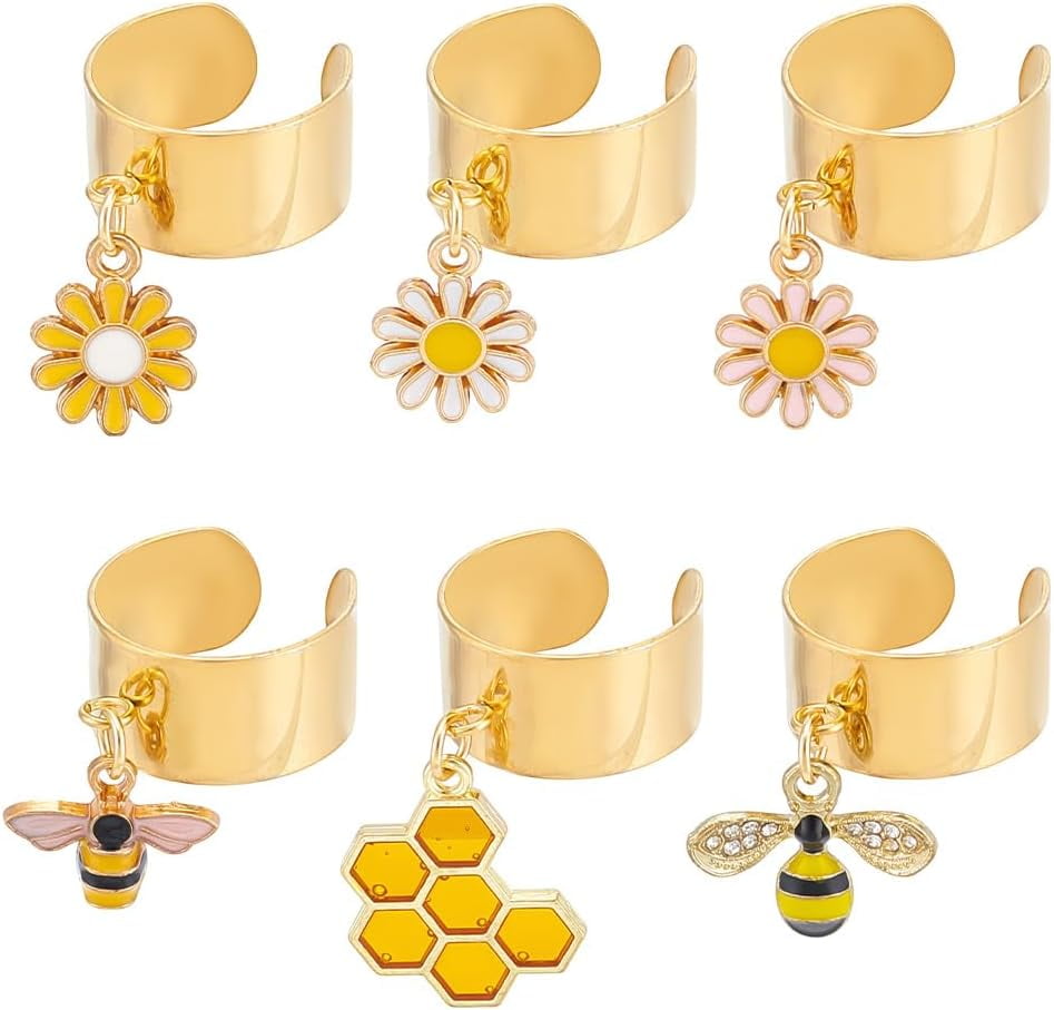 304 Stainless Steel Open Cuff Rings with Bee Daisy Alloy Enamel Pendant ...