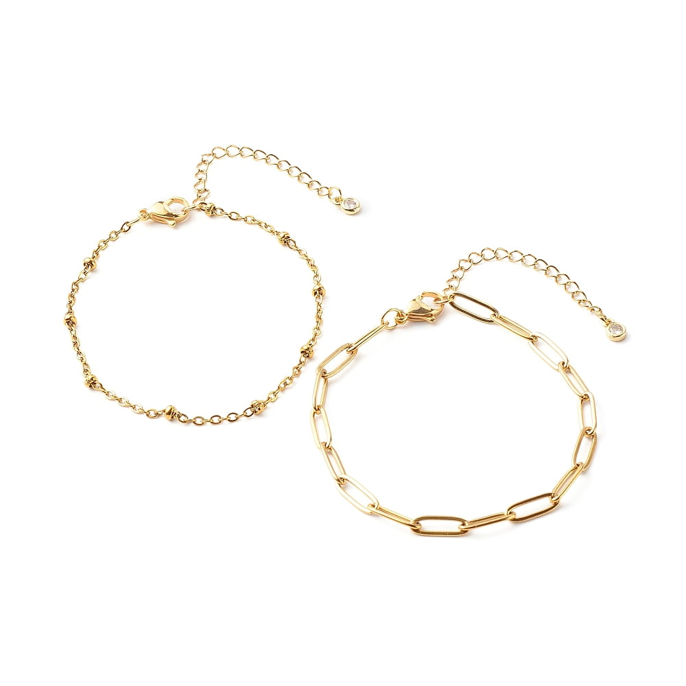 304 Stainless Steel Paperclip & Satellite Chains Bracelet Set Golden 7 ...