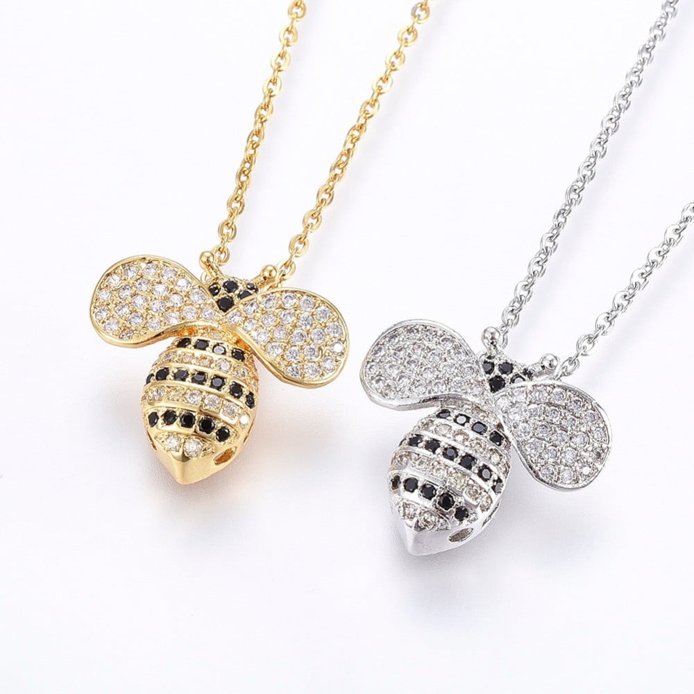 304 Stainless Steel Pendant Necklaces with Cubic Zirconia Bees Mixed ...