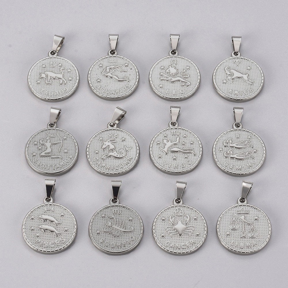 304 Stainless Steel Pendant Sets Flat Round with Twelve Constellation ...