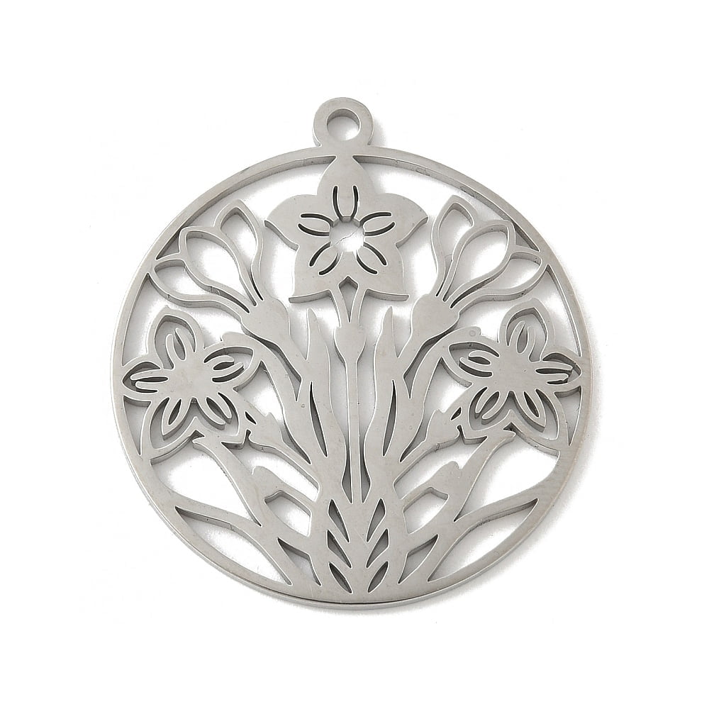 304 Stainless Steel Pendants Flat Round with Flower Charm Laser Cut ...