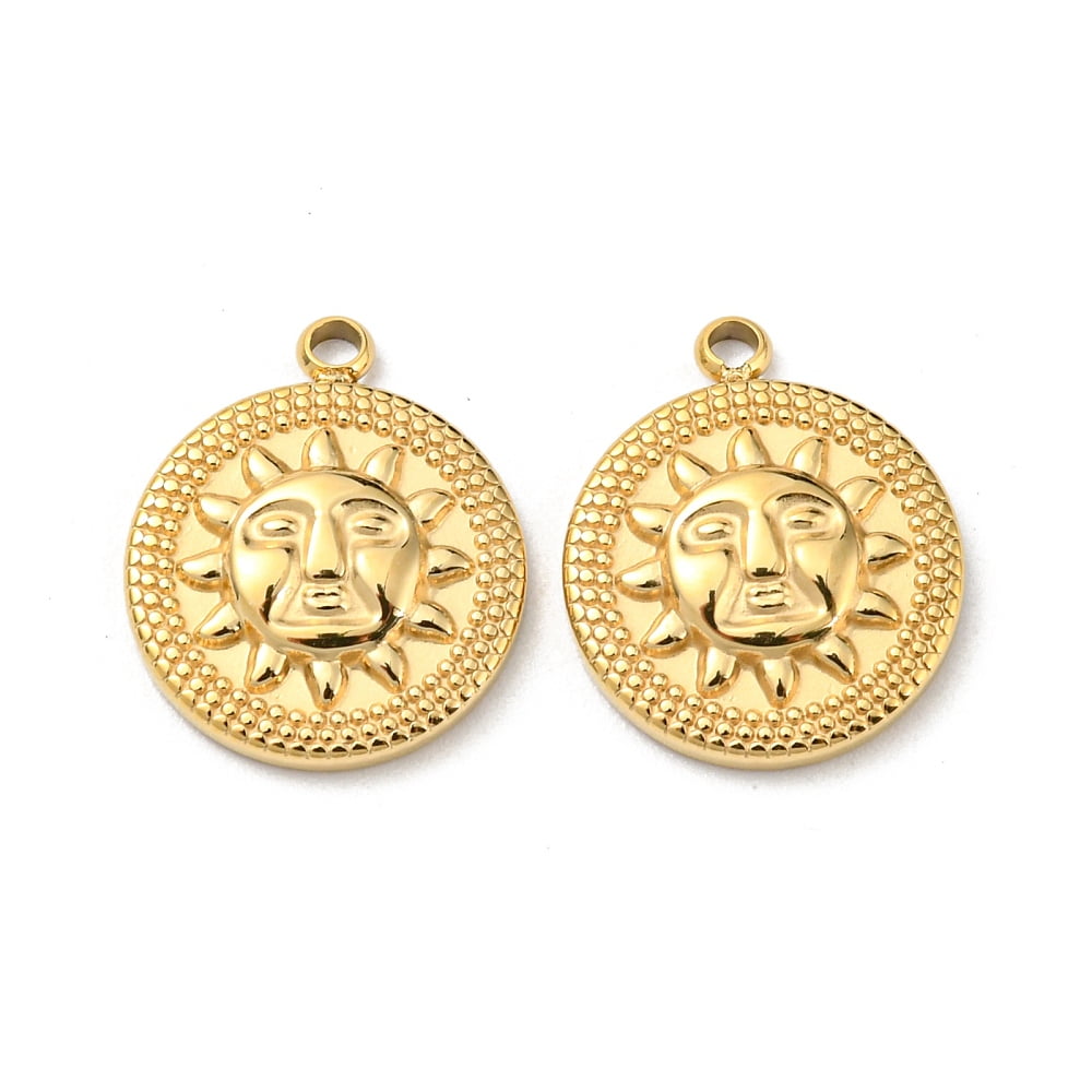 304 Stainless Steel Pendants Flat Round with Sun Charm Real 14K golden ...