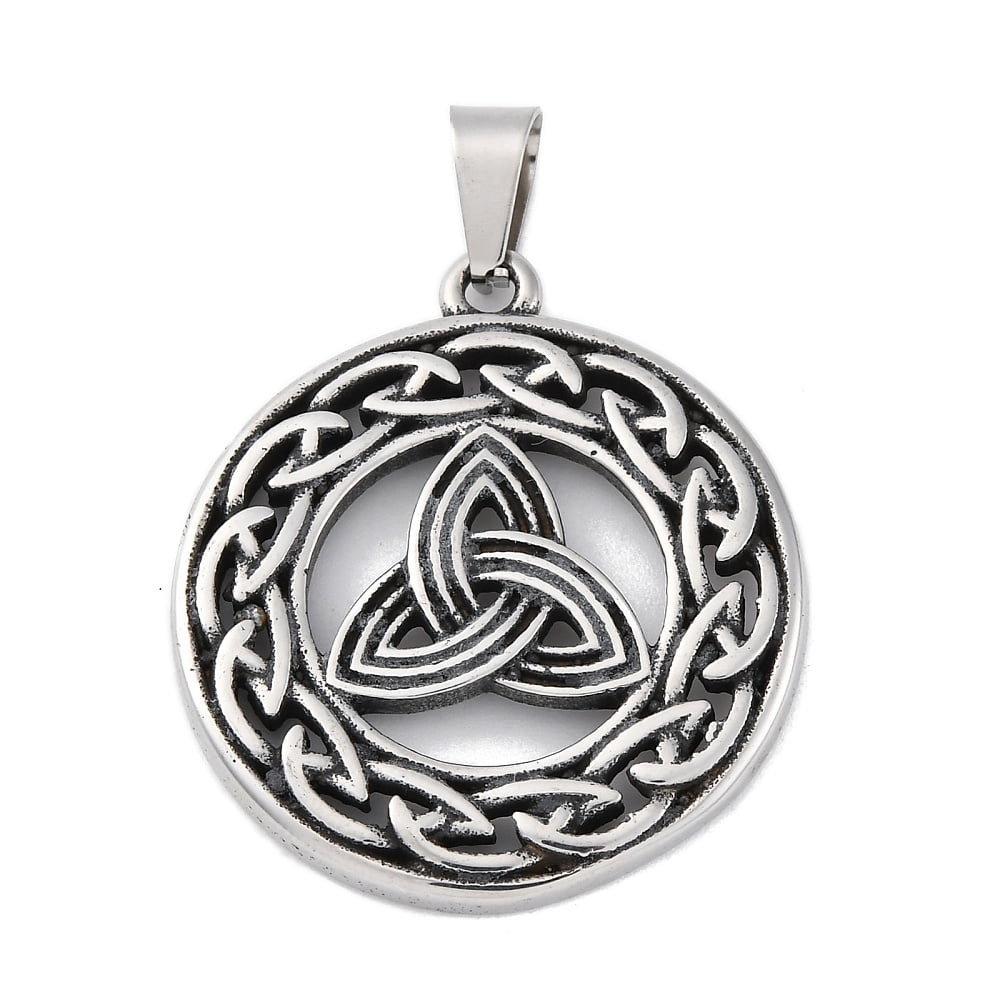 304 Stainless Steel Pendants Flat Round with Triquetra/Trinity Knot Charm Antique Silver ...
