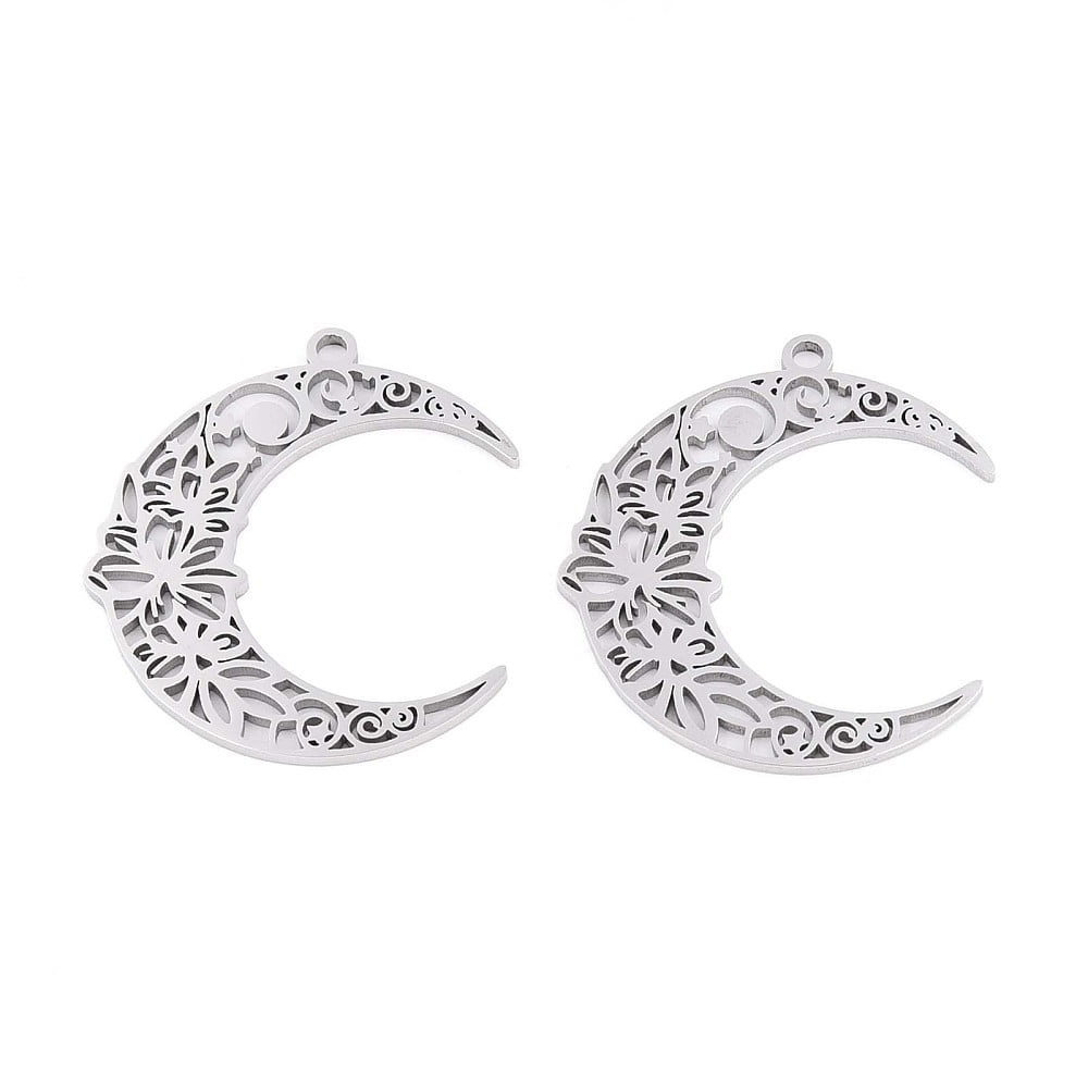 304 Stainless Steel Pendants Hollow Moon with Flower Charm Anti ...