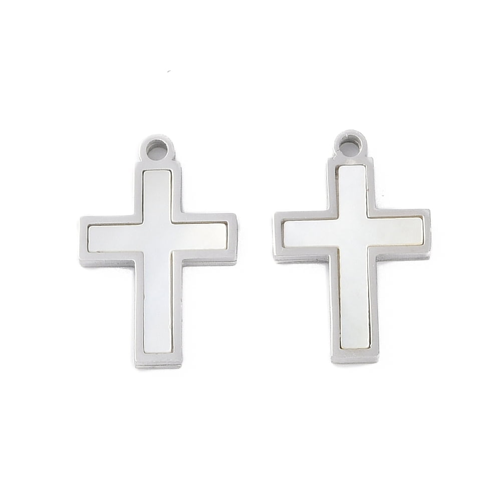 304 Stainless Steel Pendants Natural White Shell Cross Charms Stainless ...